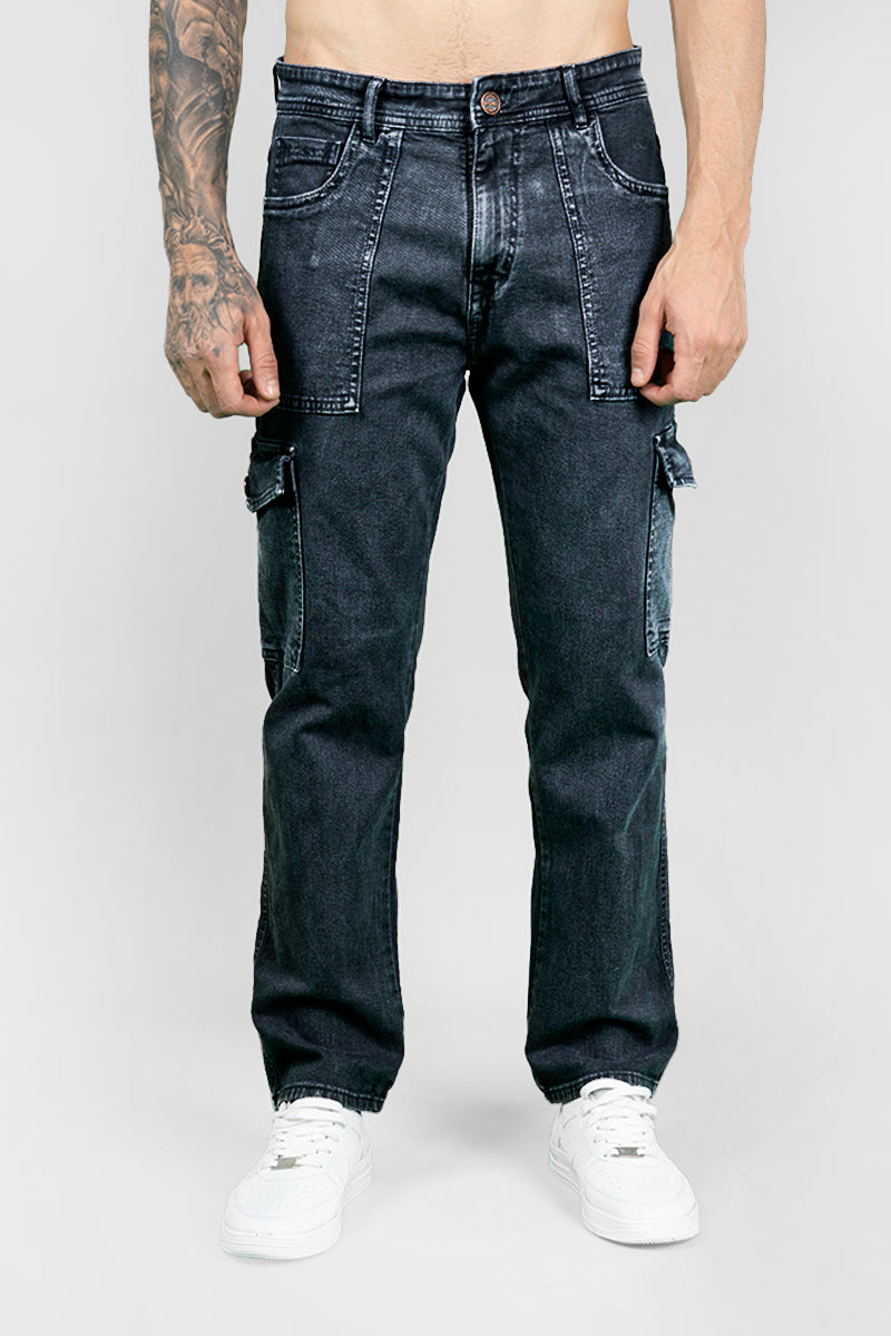Men's Black Denim Cargo Trousers | Regular Fit – Peplos Jeans
