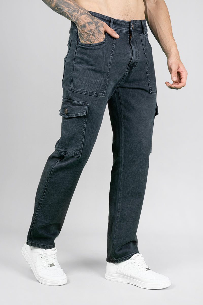 Men's Black Denim Cargo Trousers | Regular Fit – Peplos Jeans