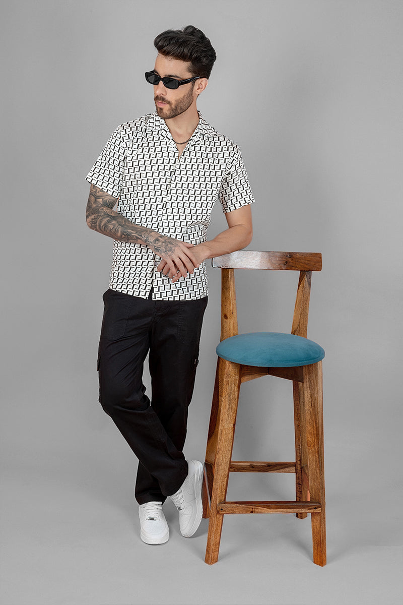 Regular Fit White Geometric Print Cuban Collar Shirt – Peplos Jeans