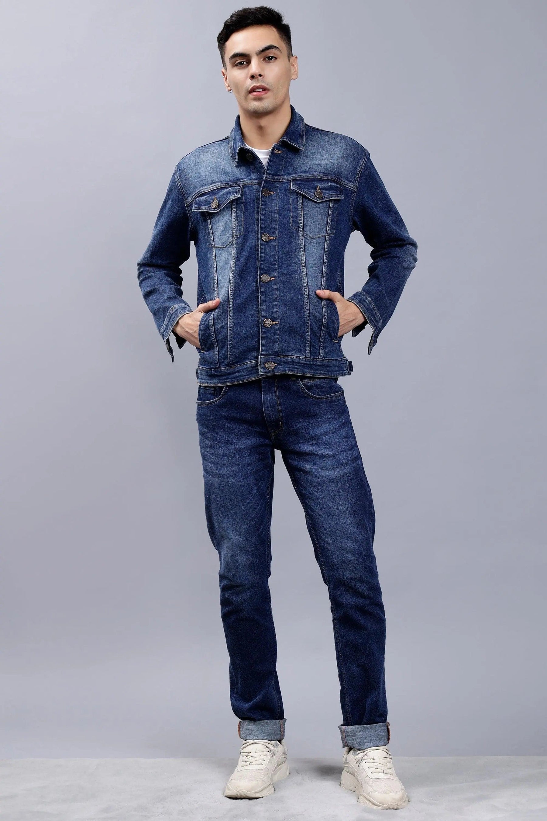 Regular Fit Blue Denim Jacket & Jeans Co-ord Set for Men - Peplos ...